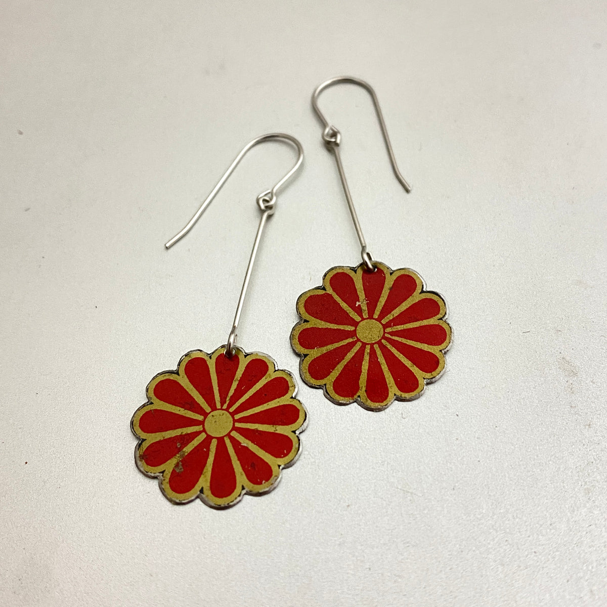 Stylized Red Blossoms Upcycled Tin Earrings – adaptive reuse jewelry