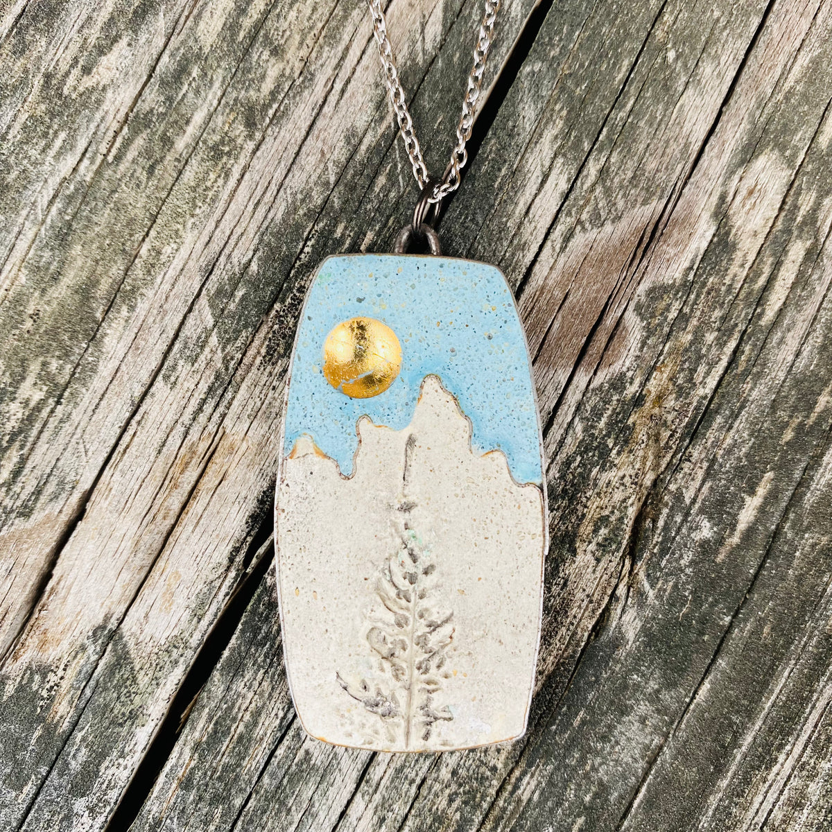 Gold Moon Pine Mountain Concrete & Tin Necklace – adaptive reuse jewelry