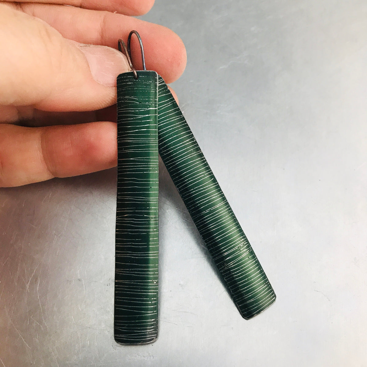 Etched Shimmery Forest Long Narrow Tin Earrings – adaptive reuse jewelry