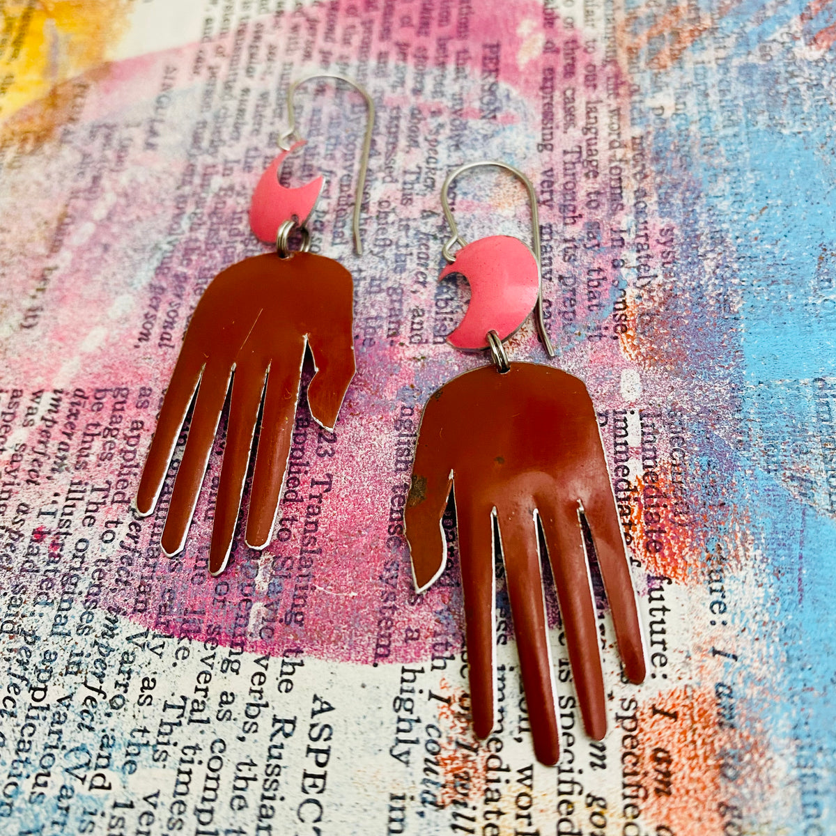 Maker Moons In Rust & Cerise Talisman Tin Earrings – adaptive reuse jewelry