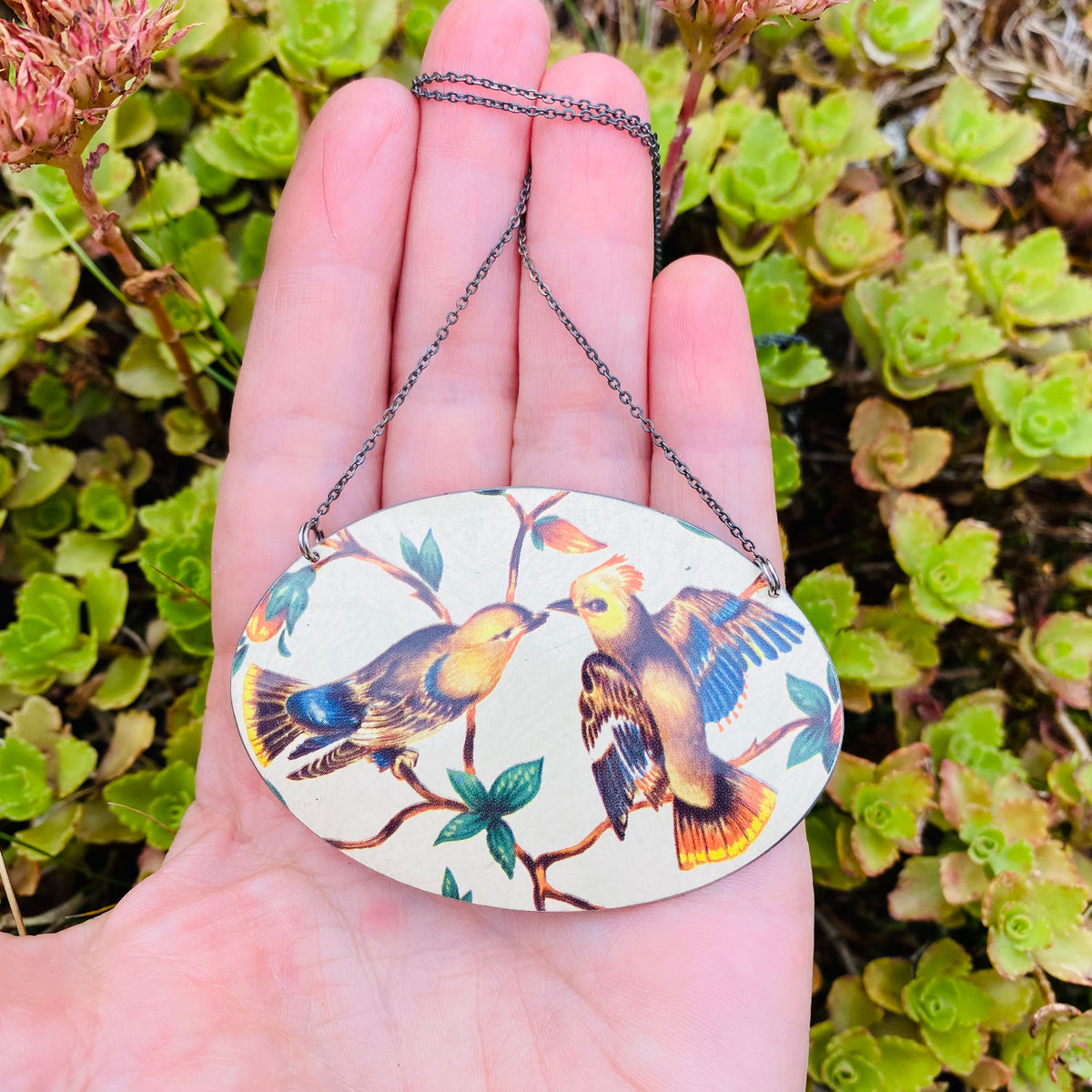 Finches & Flowers Zero Waste Tin Oval Necklace – adaptive reuse jewelry