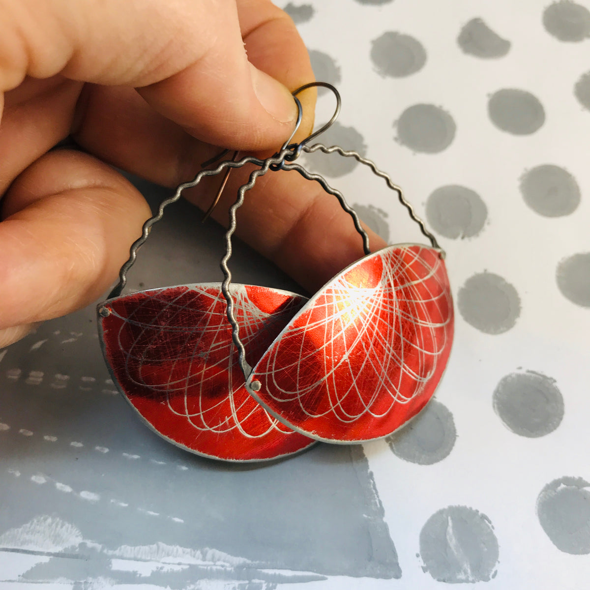 Red Spirograph Gibbous Moon Recycled Tin Earrings – adaptive reuse jewelry