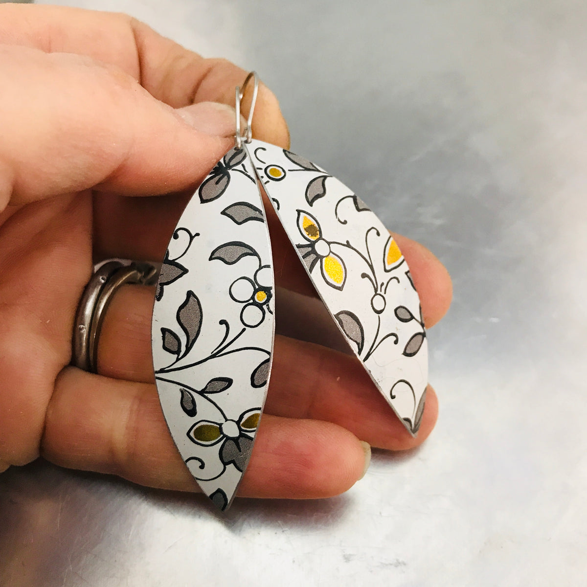 Gunmetal Gray Leaves on White Upcycled Tin Earrings – adaptive reuse ...