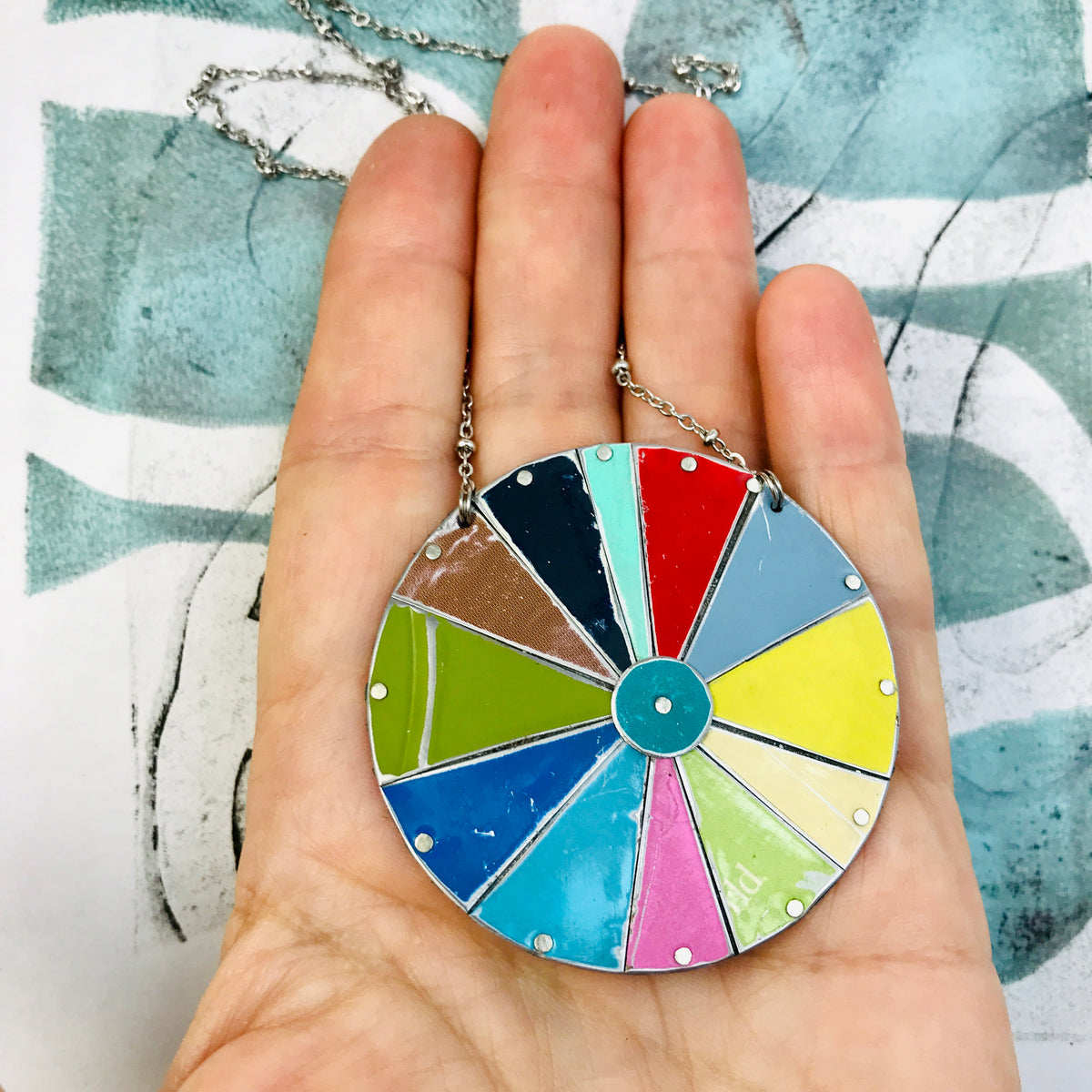 Prototype Tin Color Wheel Necklace – adaptive reuse jewelry
