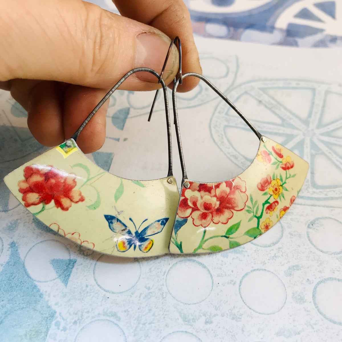 Blue Butterfly & Flowers Wide Arc Zero Waste Earrings – adaptive reuse ...