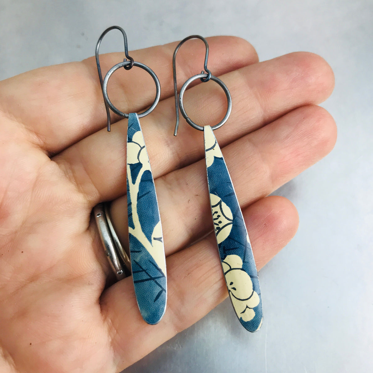 Blue Jean Cherry Blossom Teardrop Tin Earrings – adaptive reuse jewelry