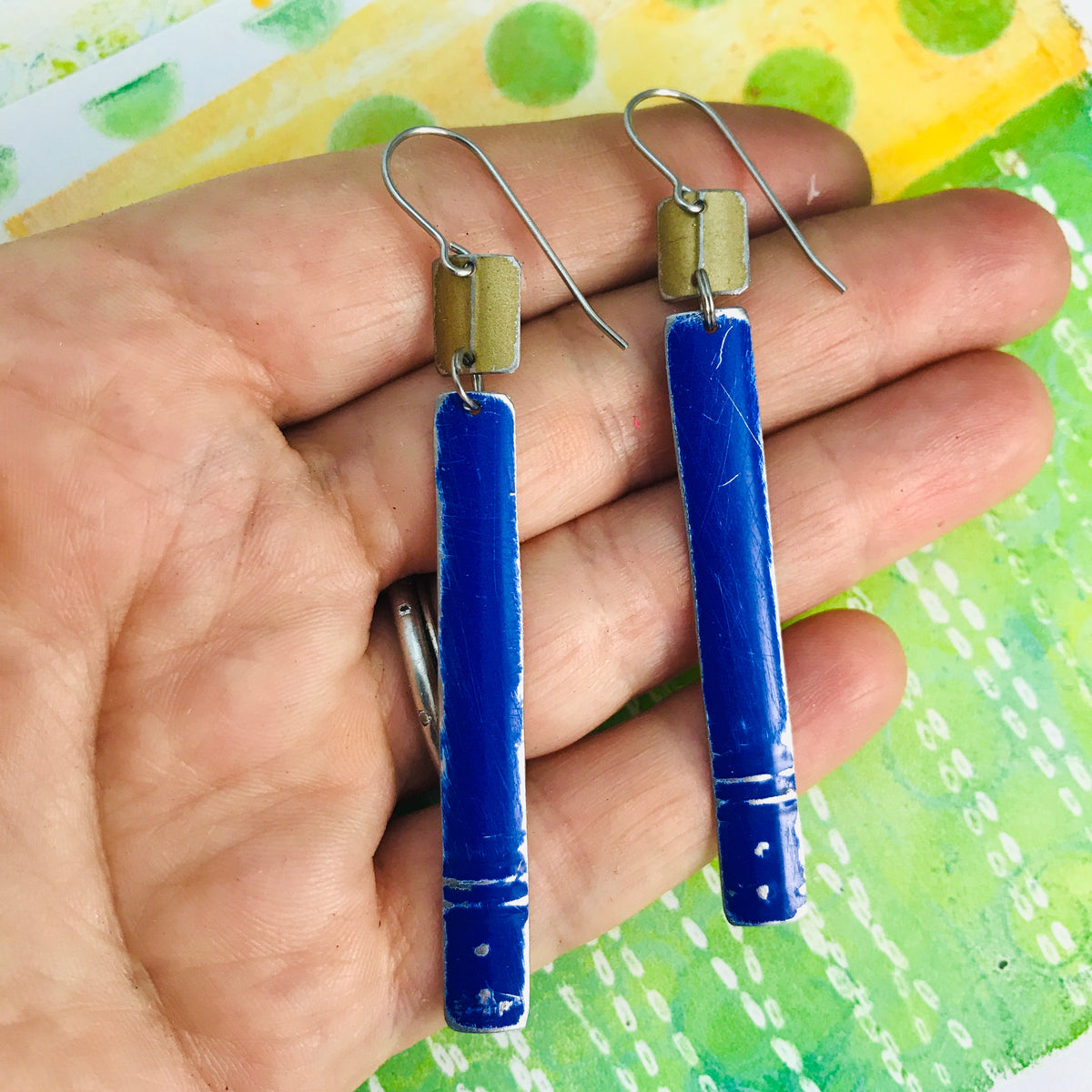 Rustic Bright Blue & Gold Zero Waste Tin Earrings – adaptive reuse jewelry