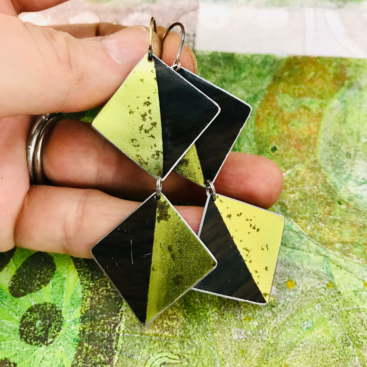 Dark Walnut Woodgrain & Gold Recycled Tin Diamond Earrings – adaptive ...